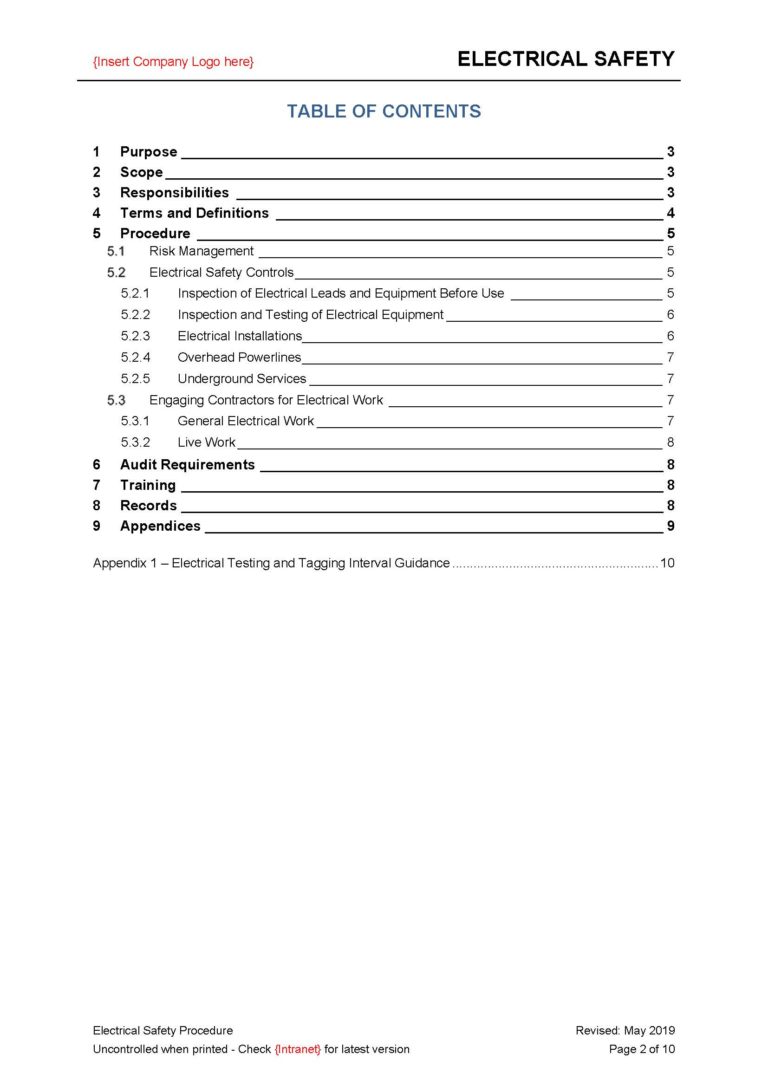 Electrical Safety Procedure Sample - Beyond Your Horizon - Resource Centre