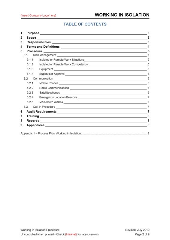 Working in Isolation Procedure - Beyond Your Horizon - Resource Centre